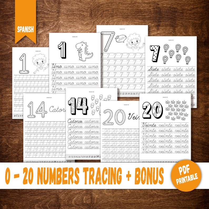 Numbers Tracing and Counting Worksheet, Cursive Practice, Spanish ...
