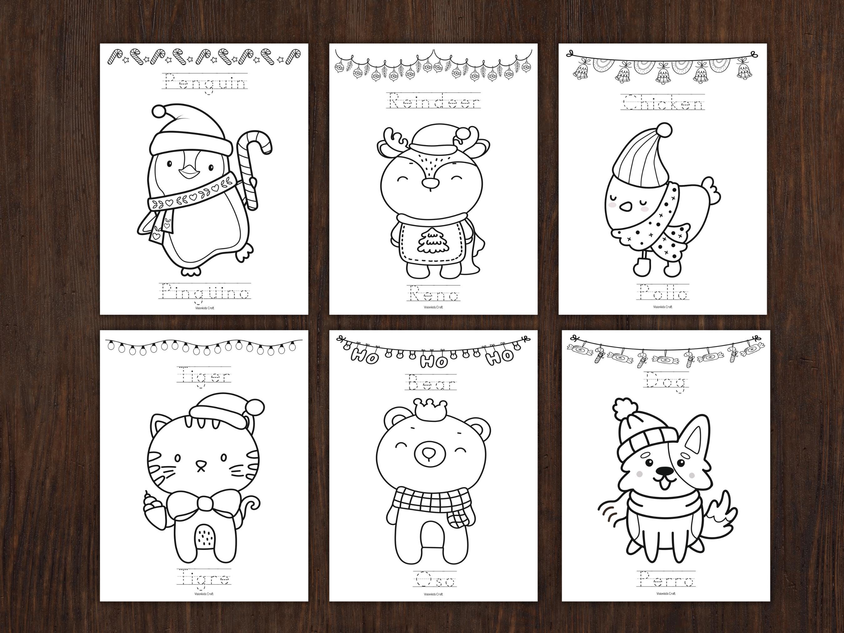 Bilingual Christmas Animals Coloring Pages, Spanish & English (PDF) - Etsy