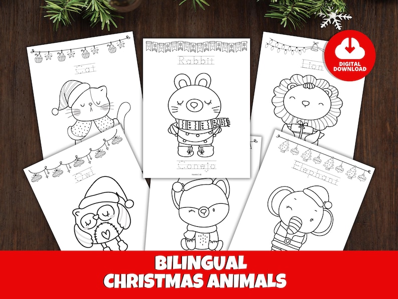 Bilingual Christmas Animals Coloring Pages, Spanish & English (PDF) - Etsy