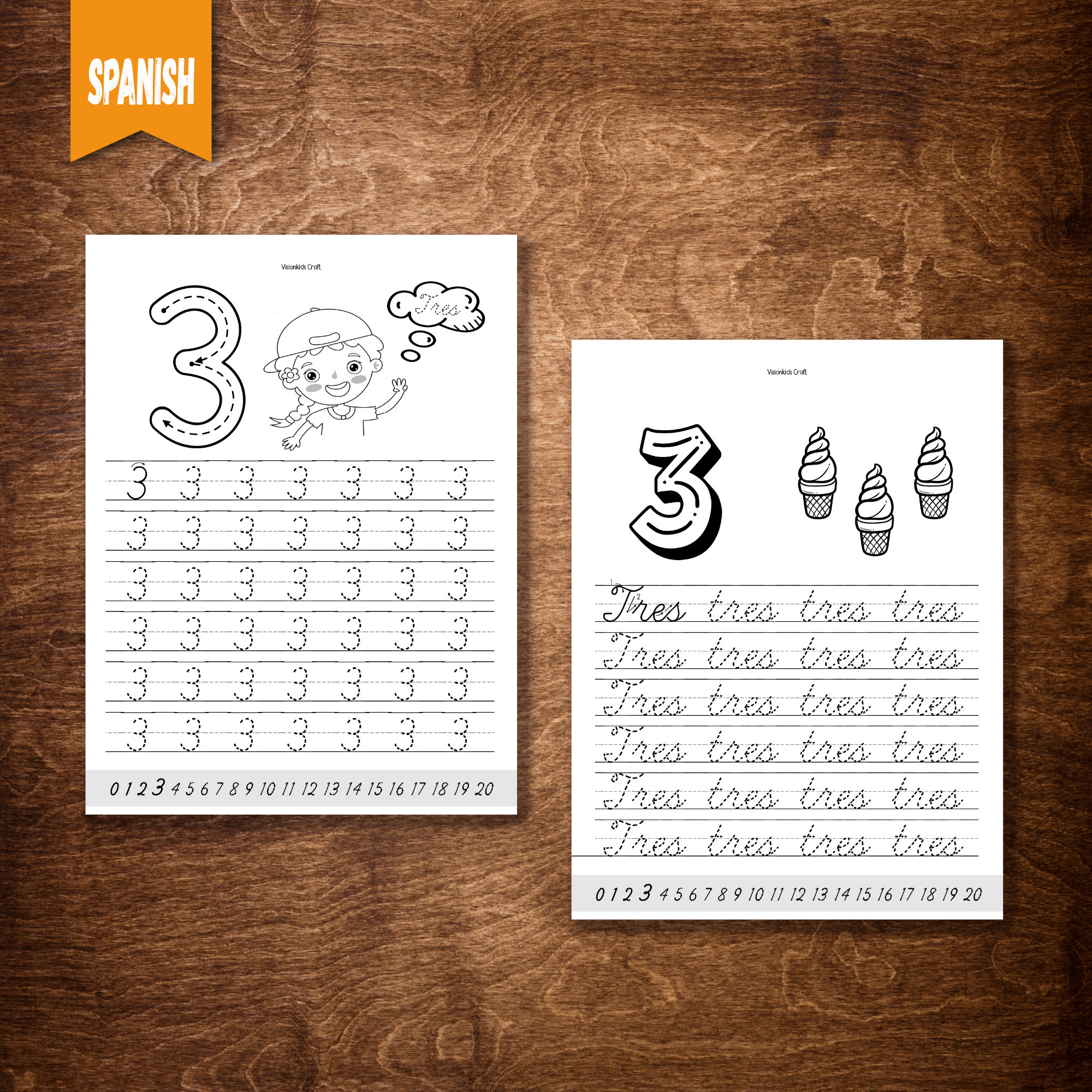 Numbers Tracing and Counting Worksheet, Cursive Practice, Spanish ...