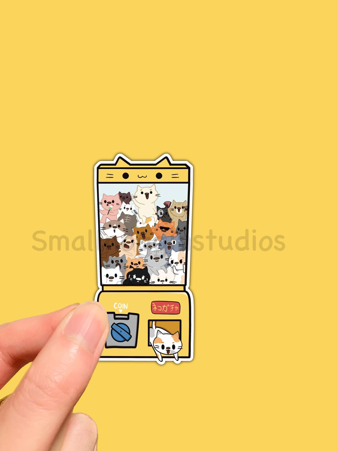 Gachapon Machine With Tiny Cats Vinyl Sticker; Cute Yellow Cat Lover ...