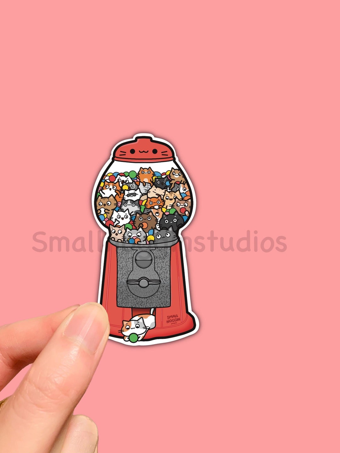 Bubble Gumball Machine With Tiny Cats Vinyl Sticker; Cute Red Cat Lover ...