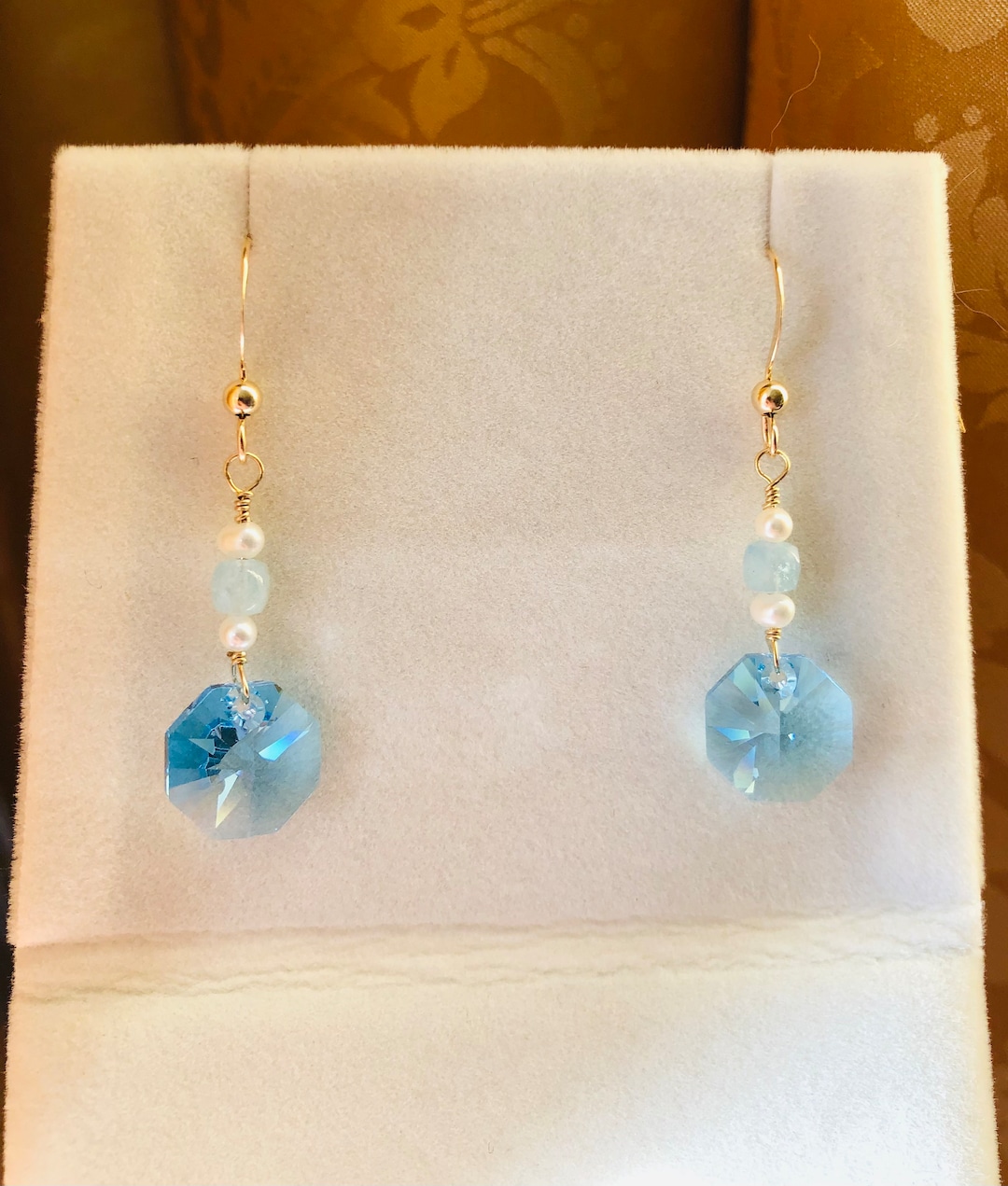 Handmade Blue Square SWAROVSKI Crystal Earrings With Natural Freshwater ...