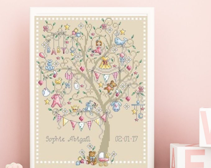 Baby Girl Tree Birth Announcement - A Cross Stitch Design by Shannon ...