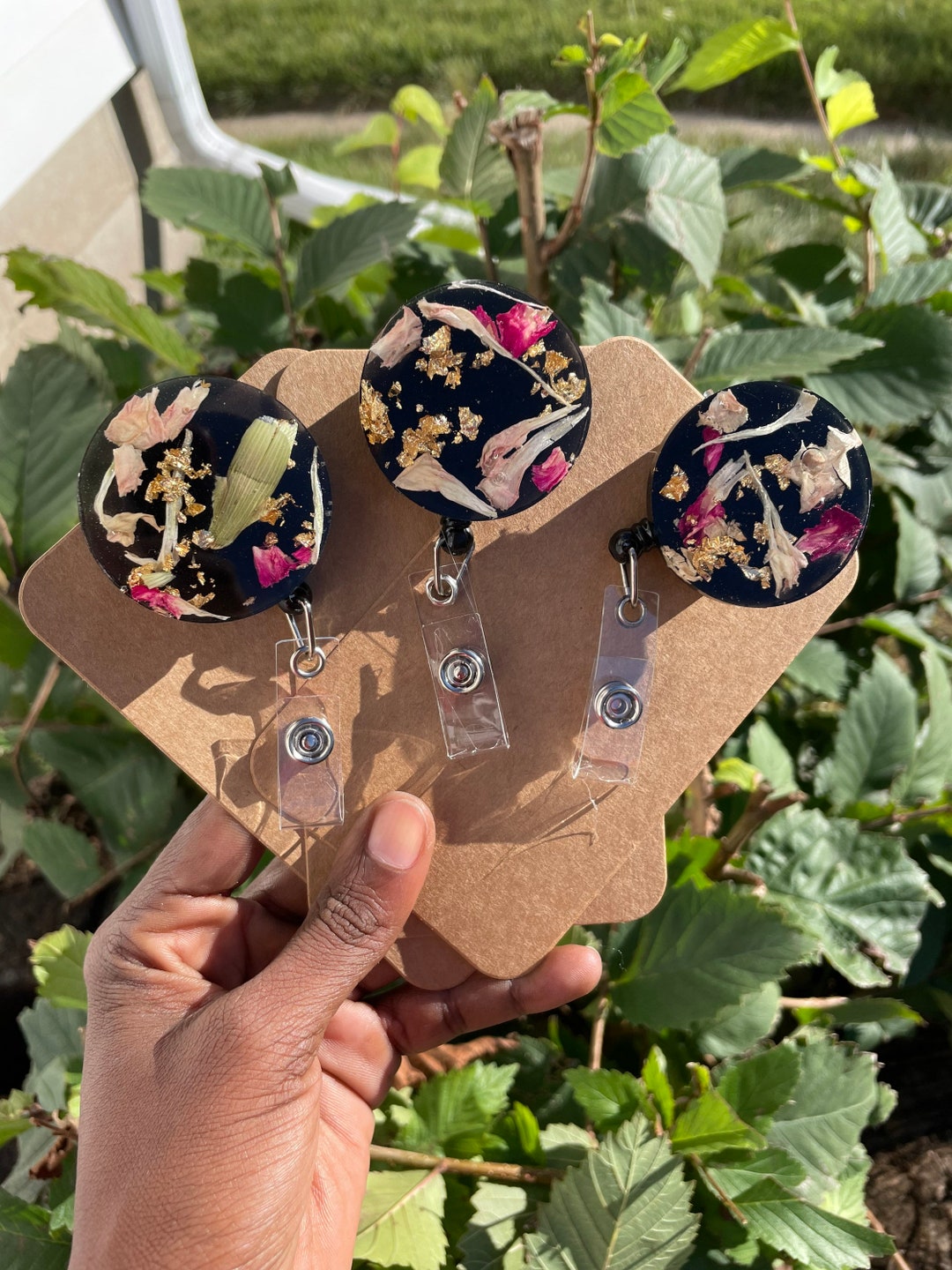 Round Resin Badge Reel Pressed Flowers Teacher ID Clip Badge Holder ...