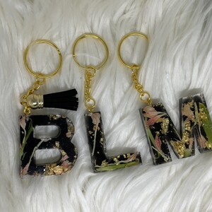 Initial Resin Keychains Letter Keychain Pressed Flower Black and Pink ...