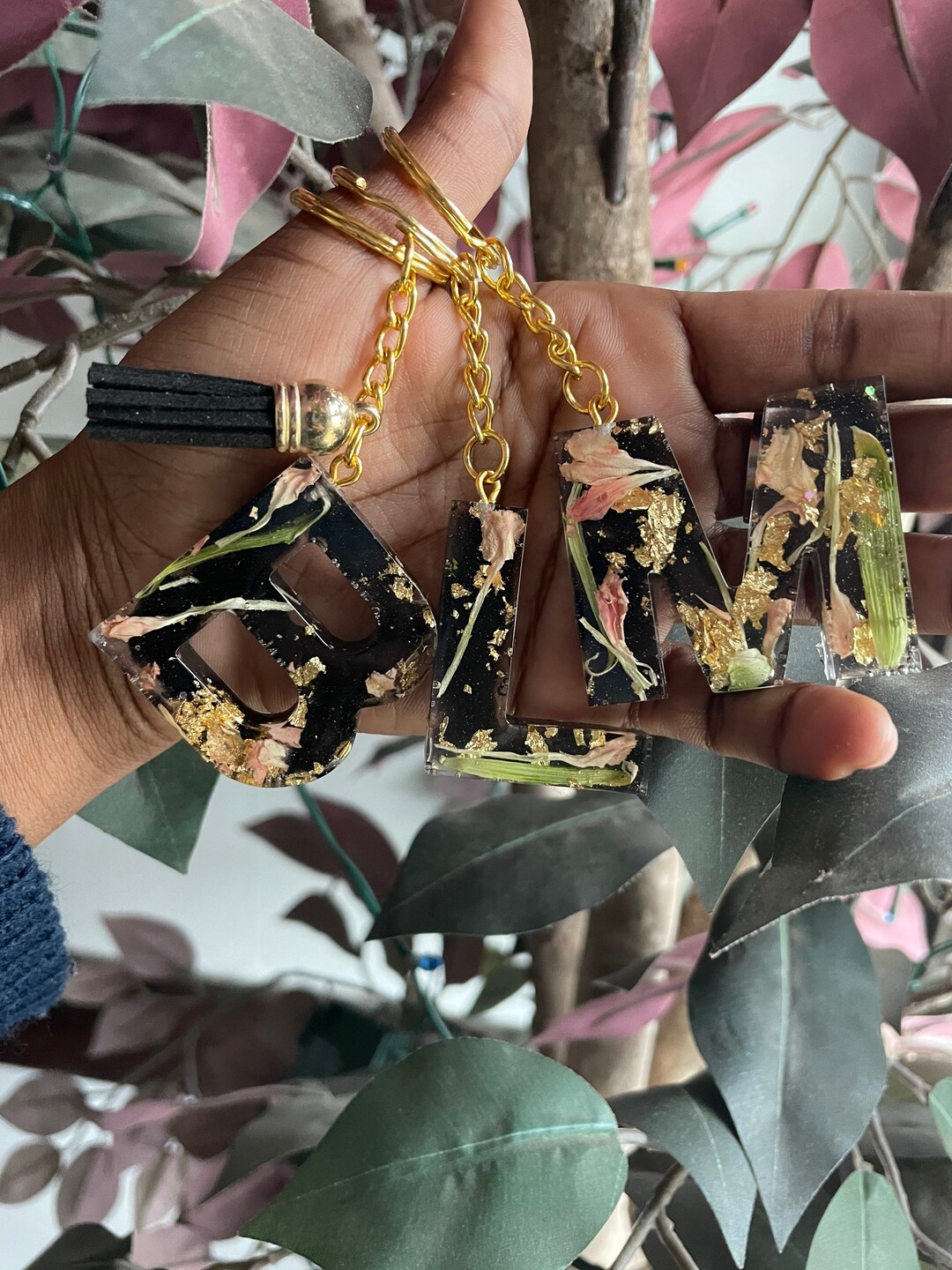 Initial Resin Keychains Letter Keychain Pressed Flower Black and Pink ...