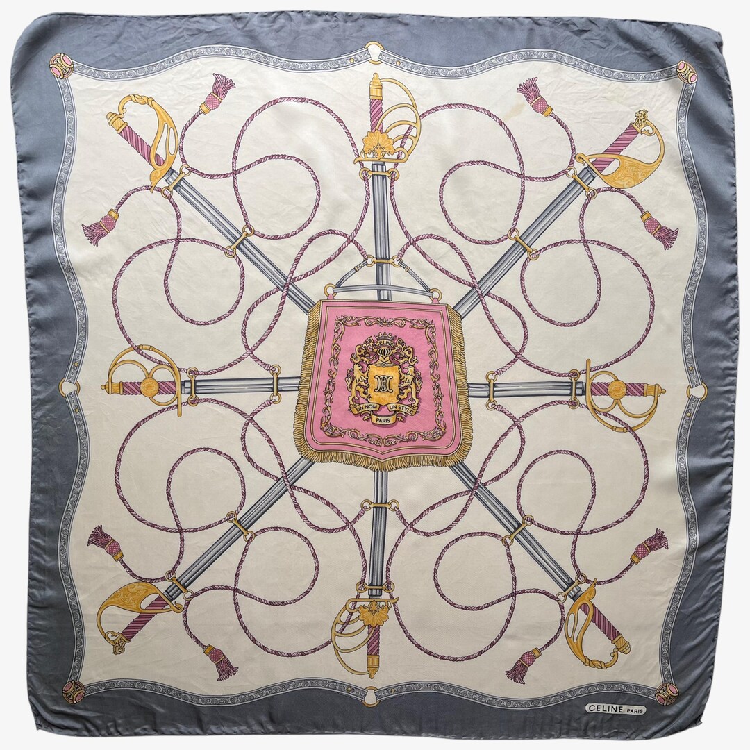 Vintage 80s Celine Paris Royal Emblem & Sword Print Grey Silk Scarf ...