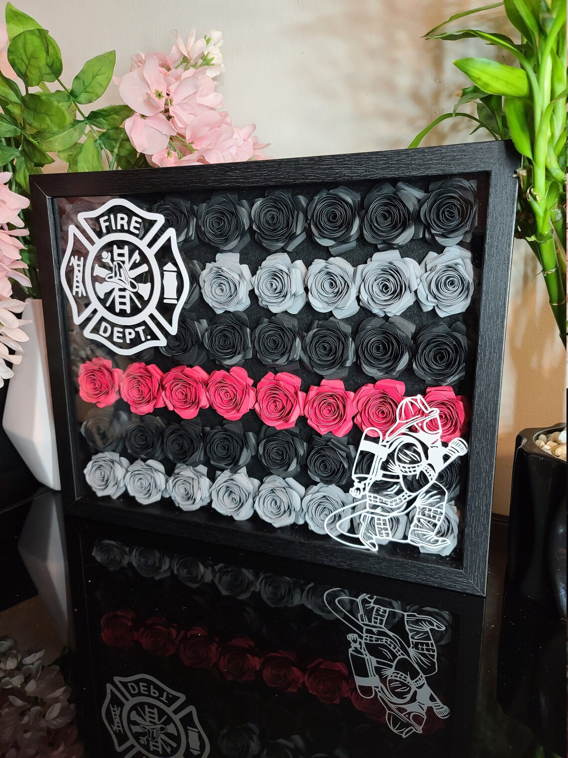 Thin Red Line Flower Shadow Box Firefighter Fire Dept. Fire - Etsy