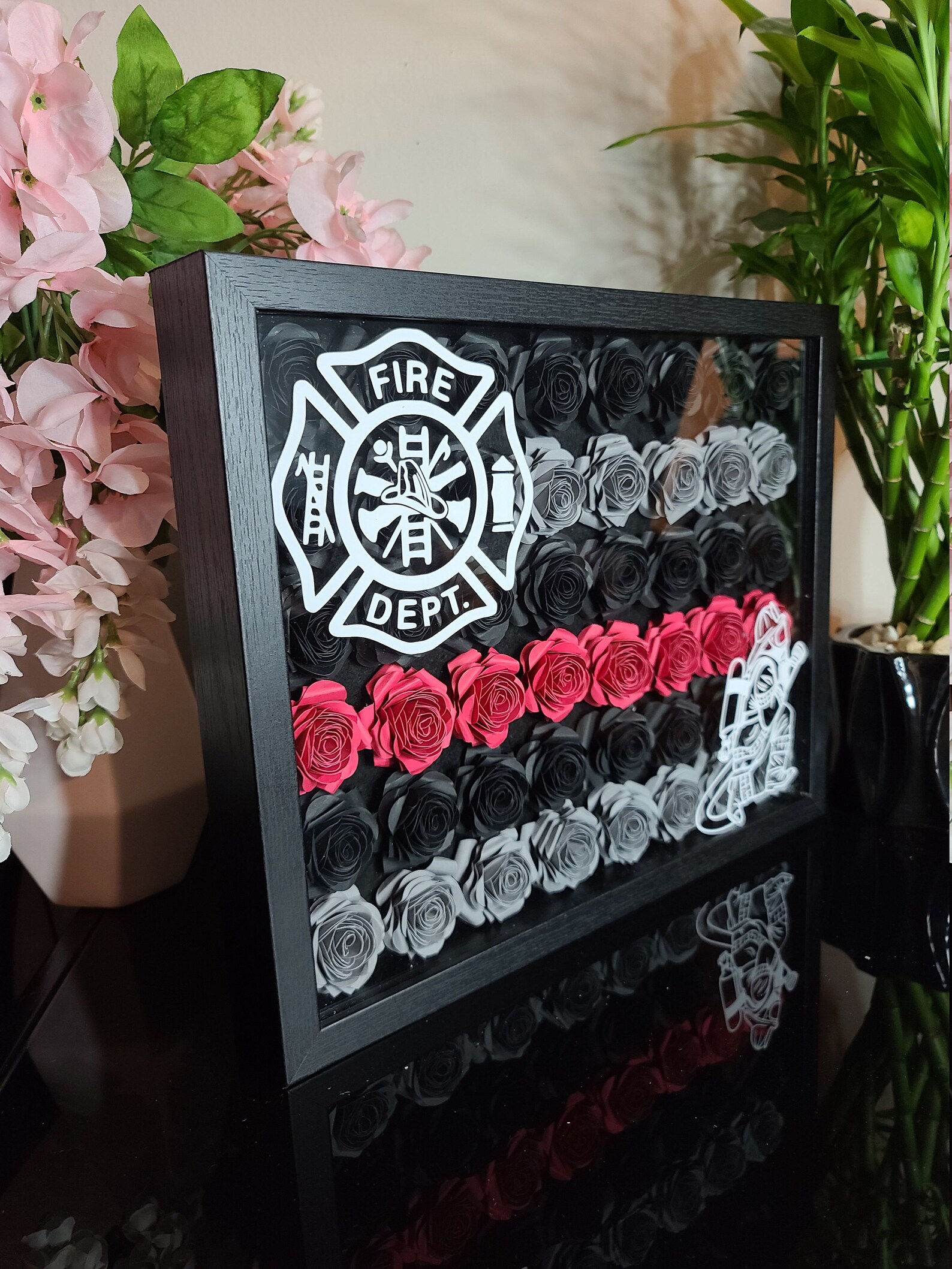 Thin Red Line Flower Shadow Box Firefighter Fire Dept. Fire - Etsy