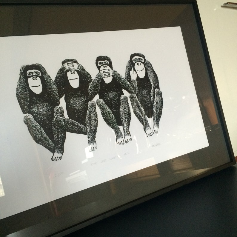 Monkey Print, Three Wise Monkeys, 3 Monkeys, Linocut, Limited Edition ...
