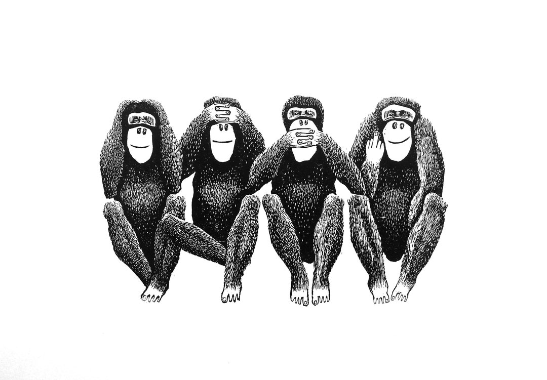 Monkey Print, Three Wise Monkeys, 3 Monkeys, Linocut, Limited Edition ...