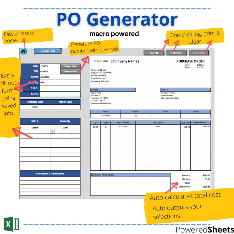 Purchase Order Generator Pro - Purchasing Spreadsheet, Excel ...