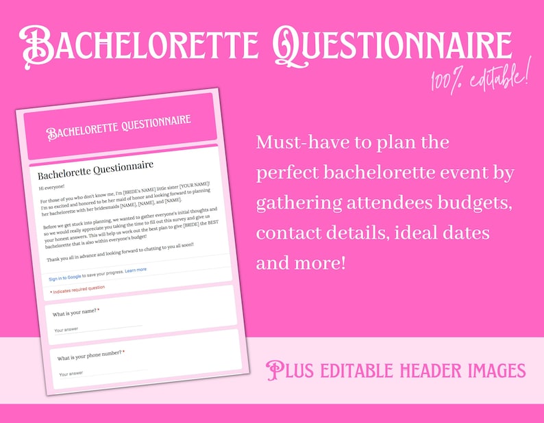 Editable Bachelorette Planning Questionnaire I Bridal Party Survey I Hot Pink Doll Personalized ...