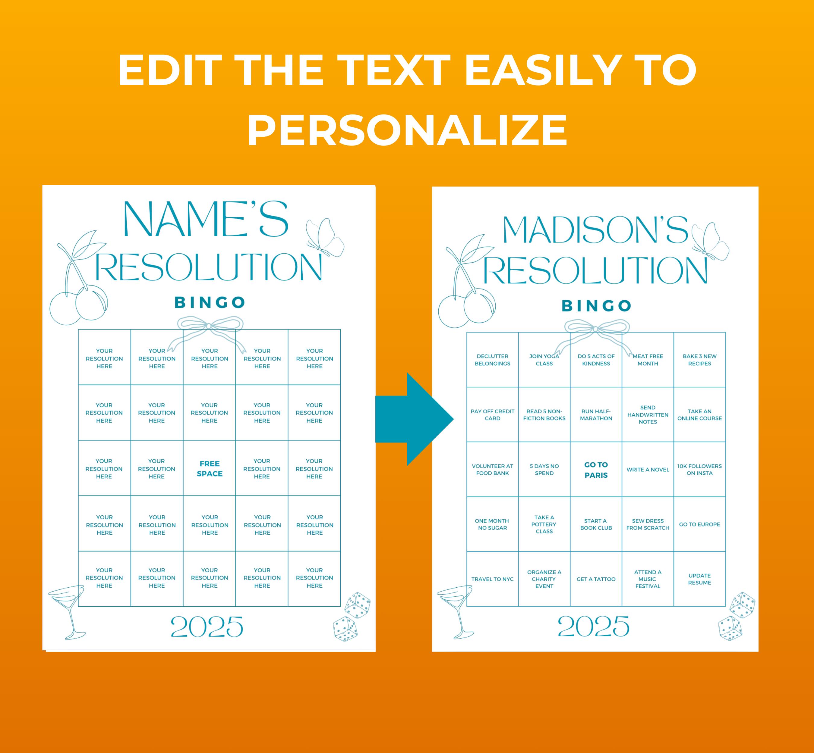 2025 Resolution Bingo Card: New Year Party Game (editable, Digital ...