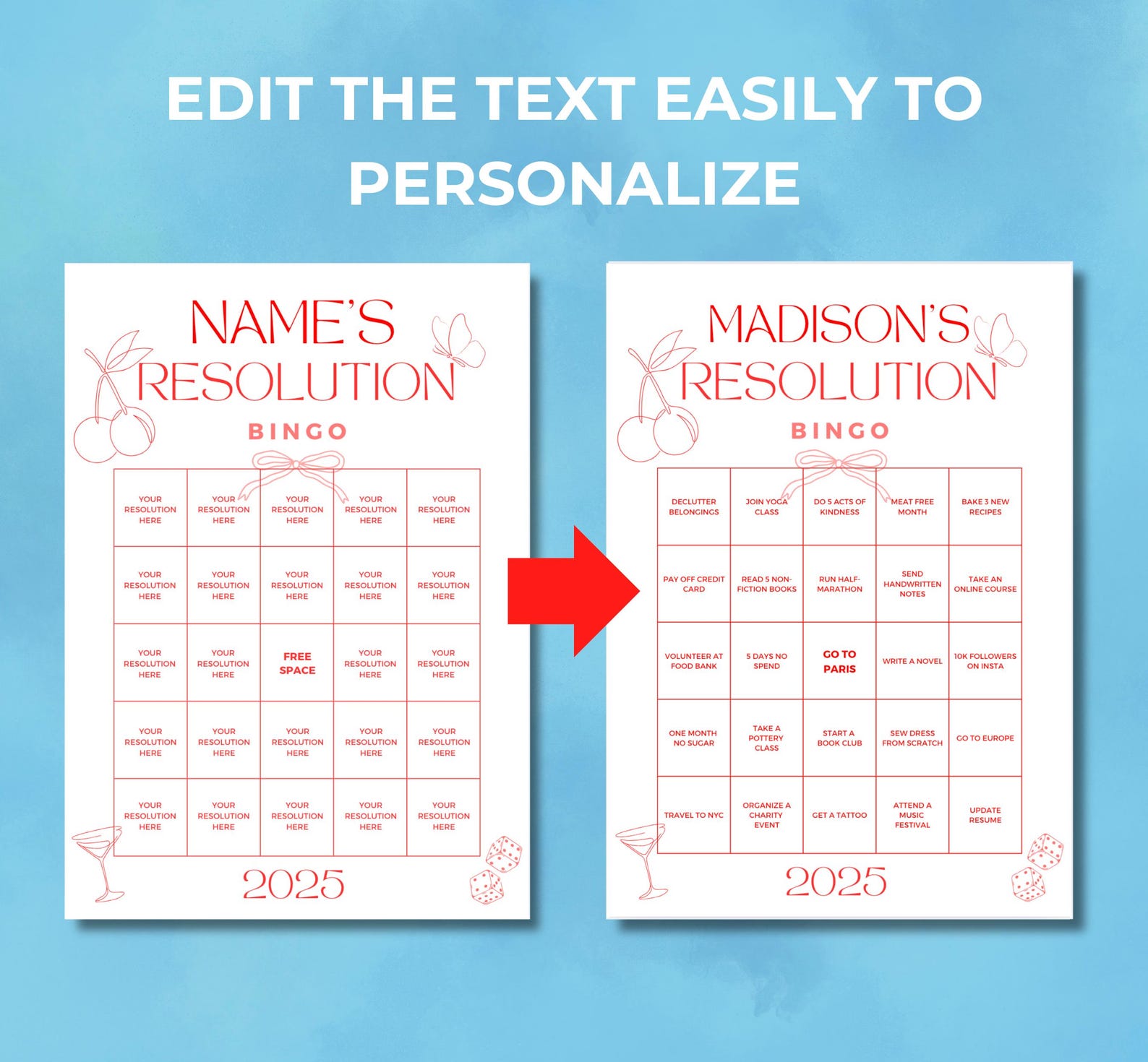 2025 New Year's Resolution Bingo Card (editable Canva Template) - Etsy