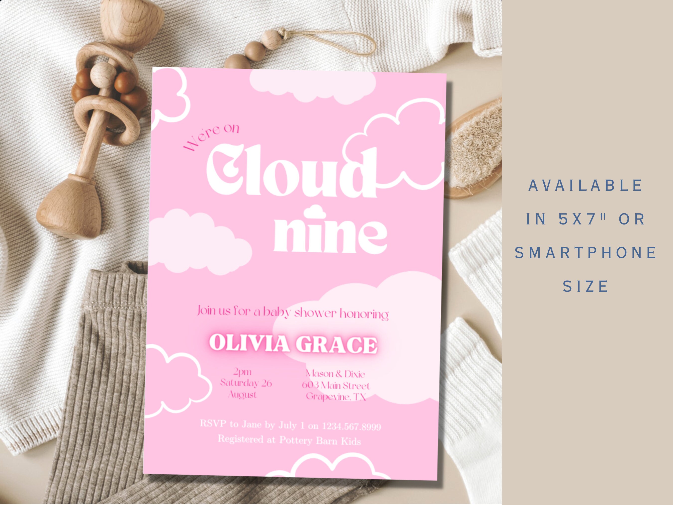 Pink Cloud Nine Baby Shower Invitation Bundle (digital Download) - Etsy