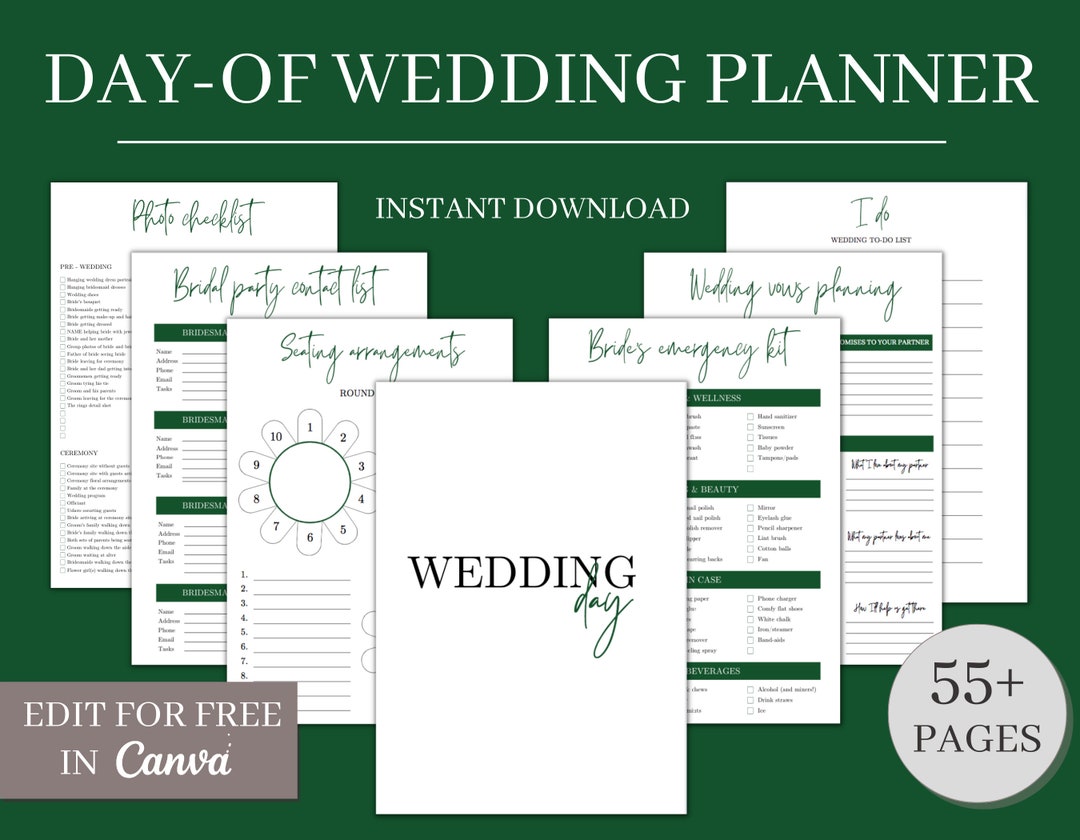 Emerald Green Wedding Day Planner: 55+ Editable Pages (digital Download ...