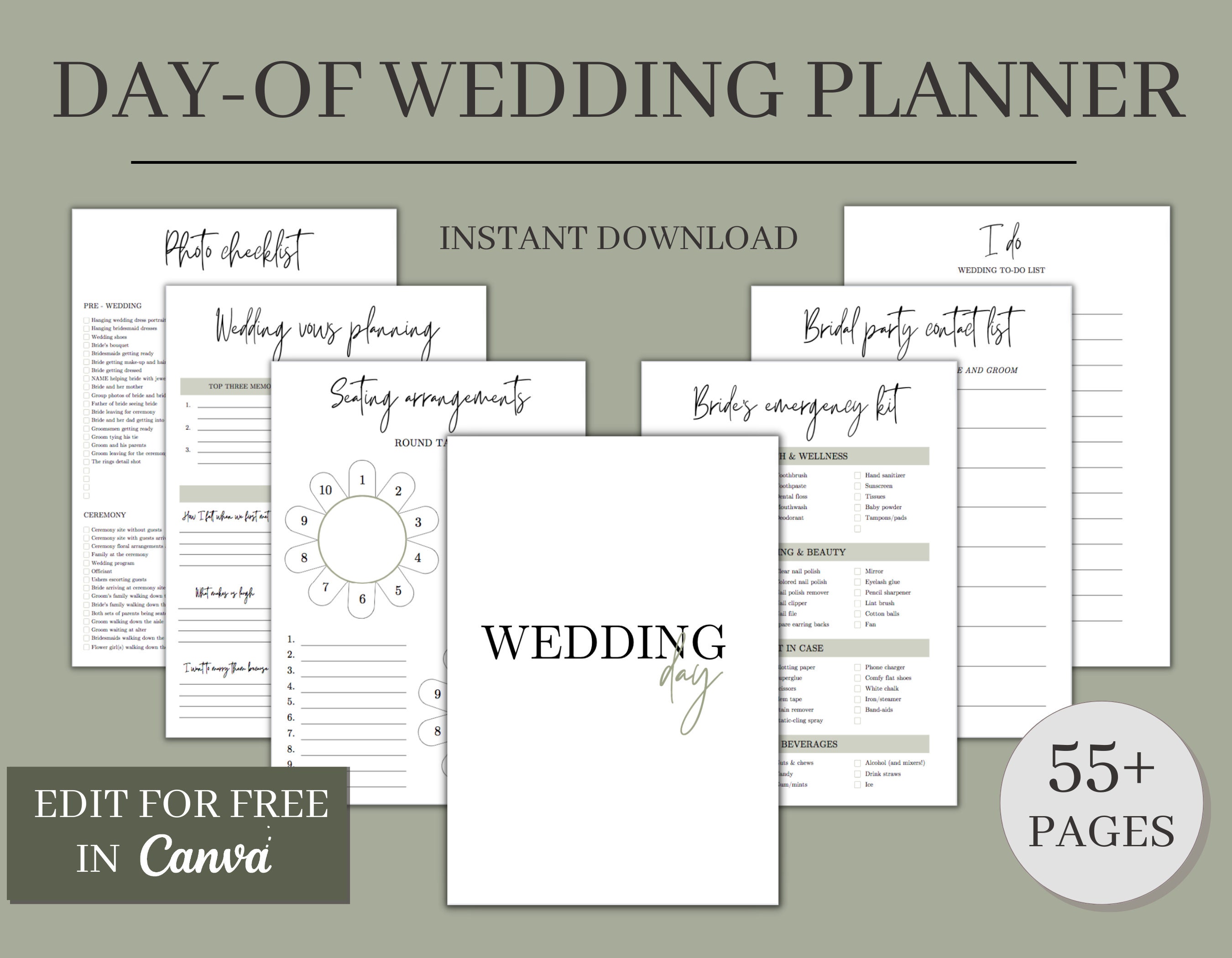 Editable SAGE Day-of Wedding Planner, Personalize Printable Planner ...