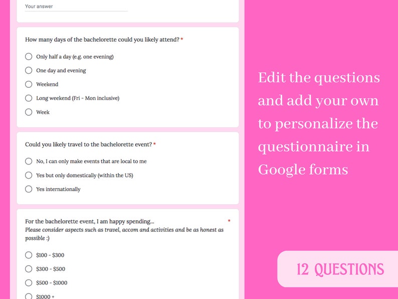 Editable Bachelorette Planning Questionnaire I Bridal Party Survey I ...