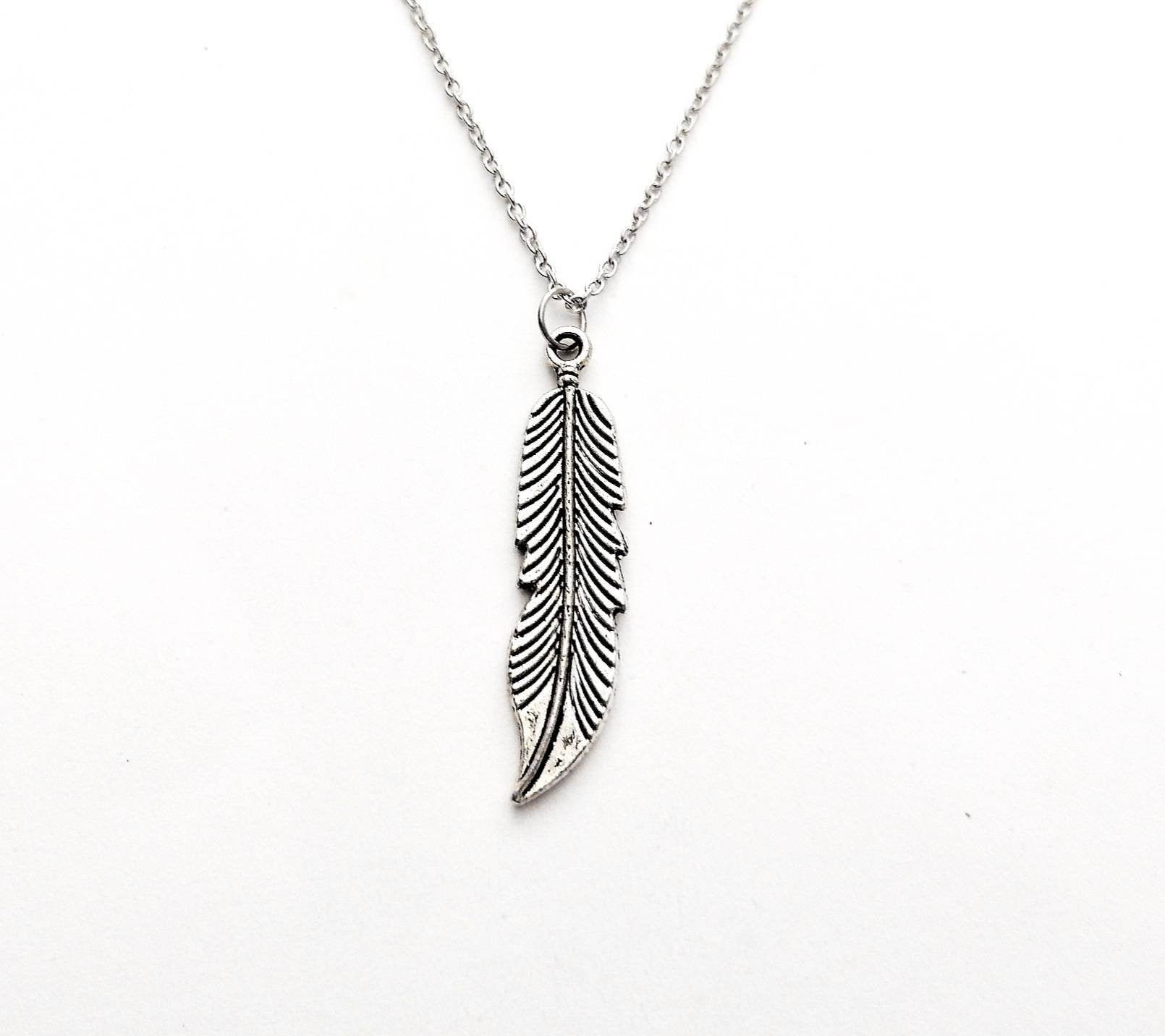 Long Feather Chain Silver Necklace with feather pendant in | Etsy
