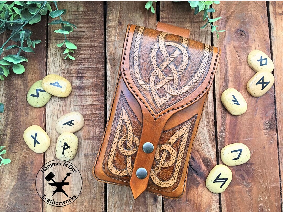 Leather Viking Style Belt Pouch, Celtic Knotwork Hip Bag for LARP or ...