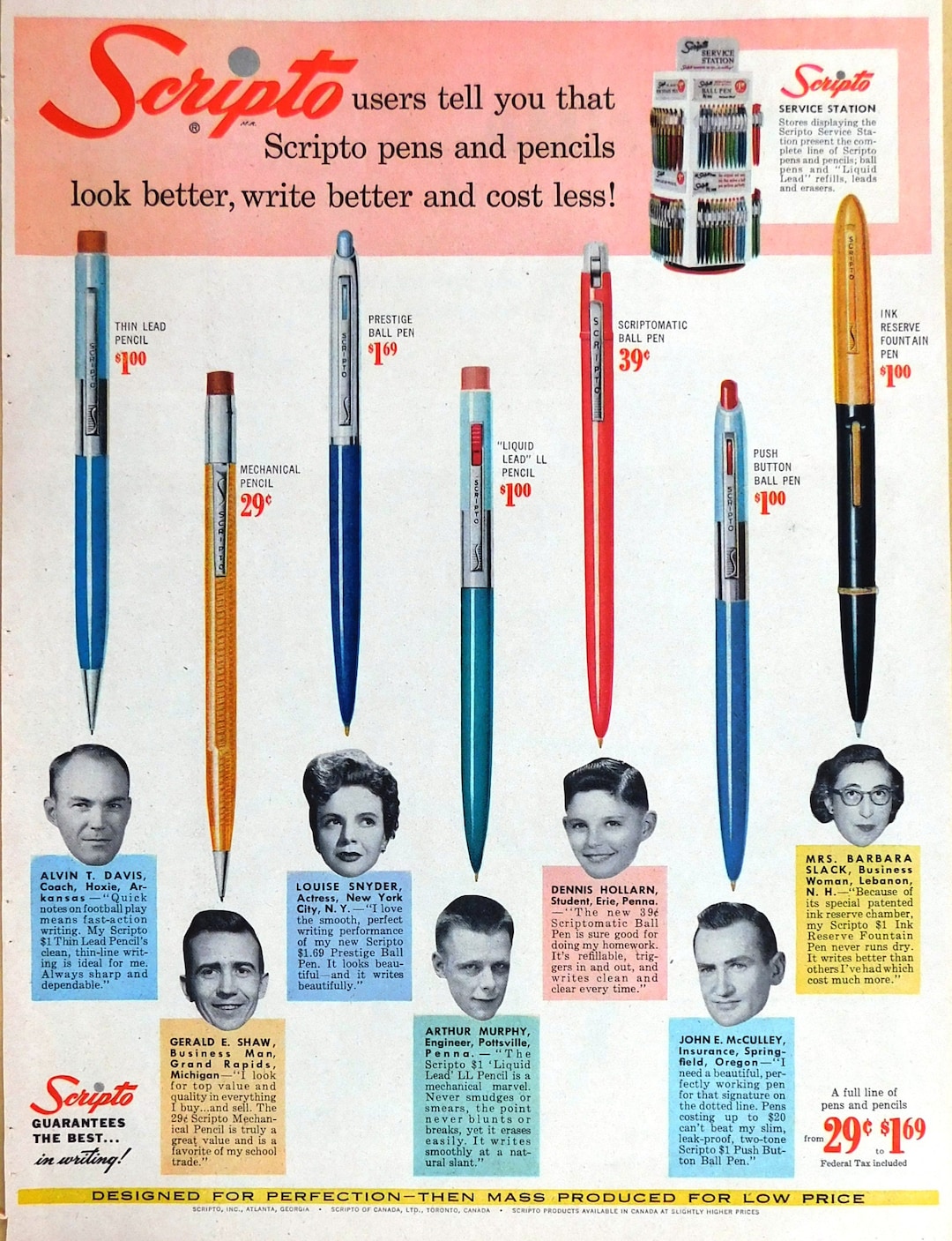 SCRIPTO Fountain and Ballpoint Pens Propelling Pencils 1956 - Etsy