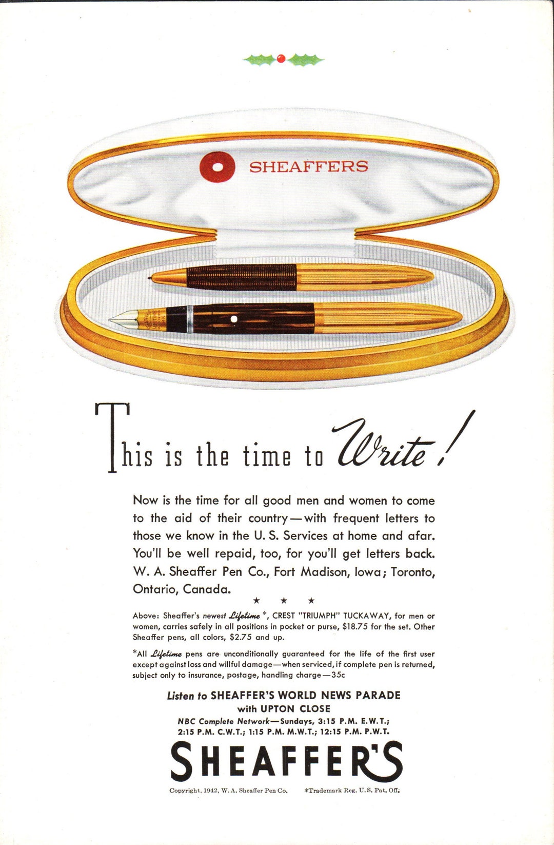 WW2 Sheaffer's TRIUMPH Fountain Pen & Pencil Set ADVERT 6 1942 Print Ad ...