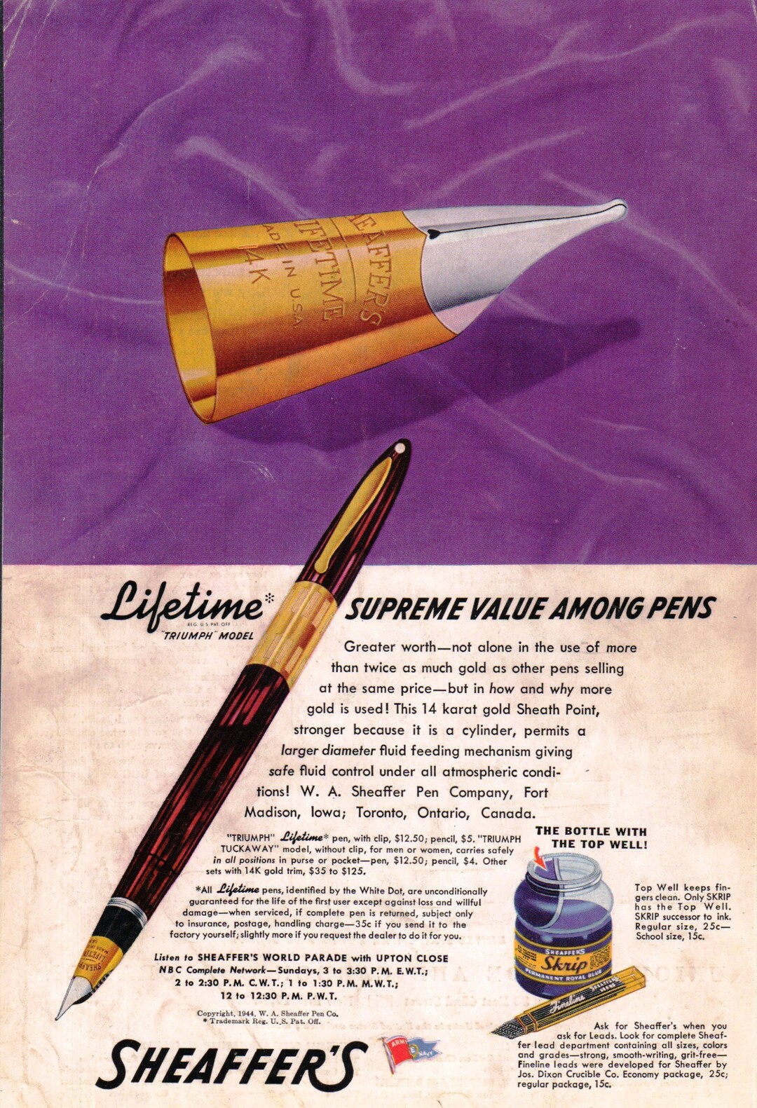 WW2 Sheaffer's TRIUMPH Fountain Pen & Skrip Ink ADVERT 2 - Etsy