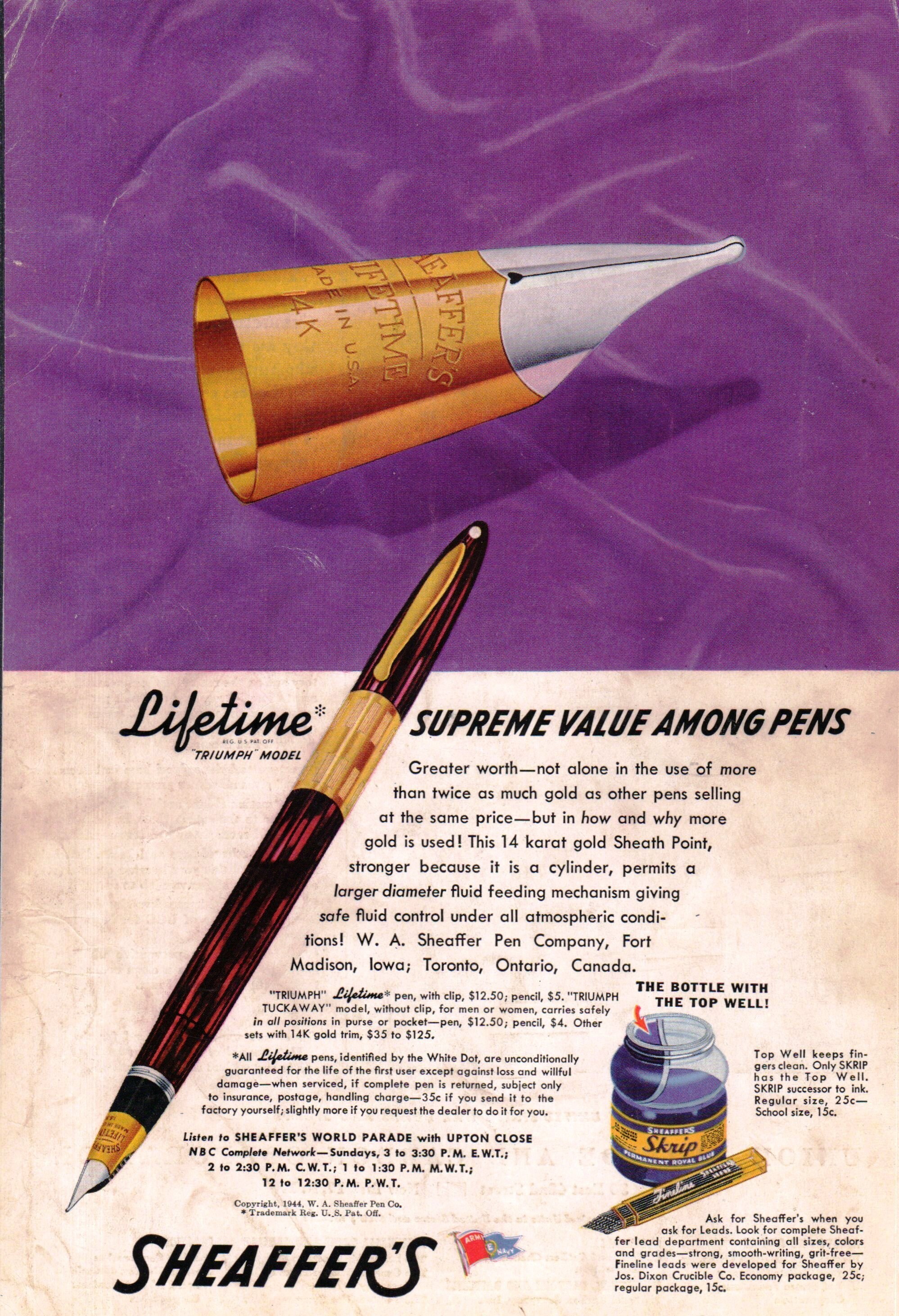 WW2 Sheaffer's TRIUMPH Fountain Pen & Skrip Ink ADVERT 2 - Etsy