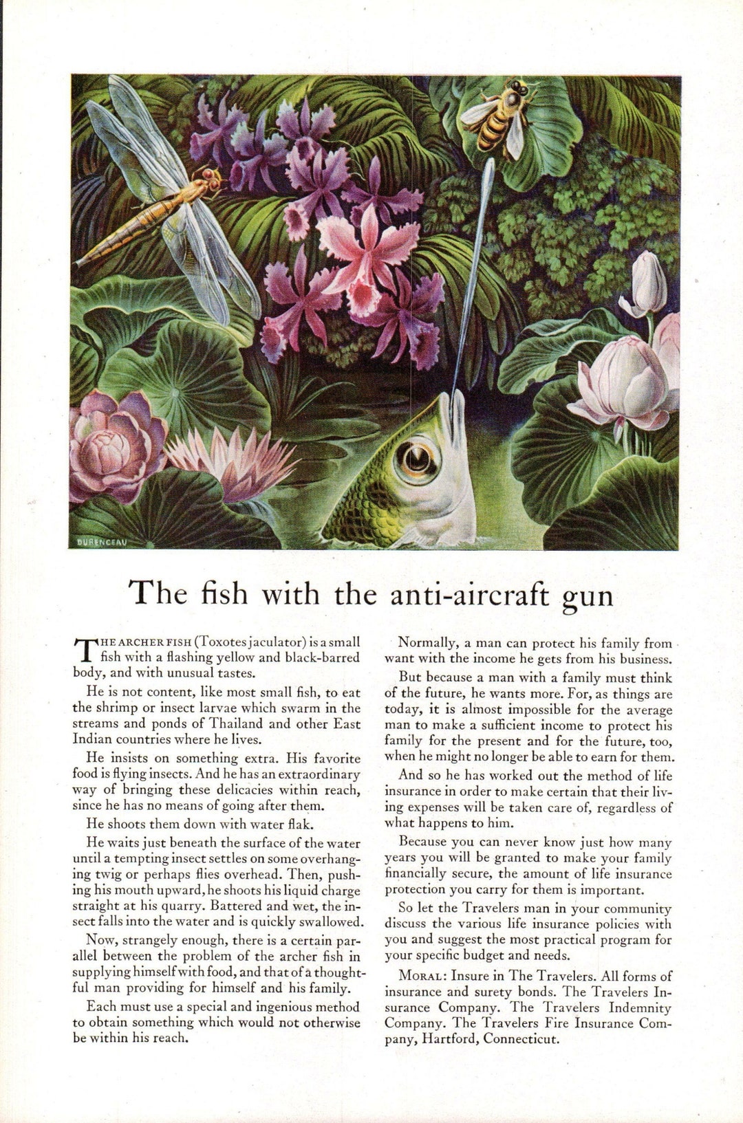WW2 Travelers Insurance 'the Archer Fish' ADVERT 1944 DURENCEAU Print ...