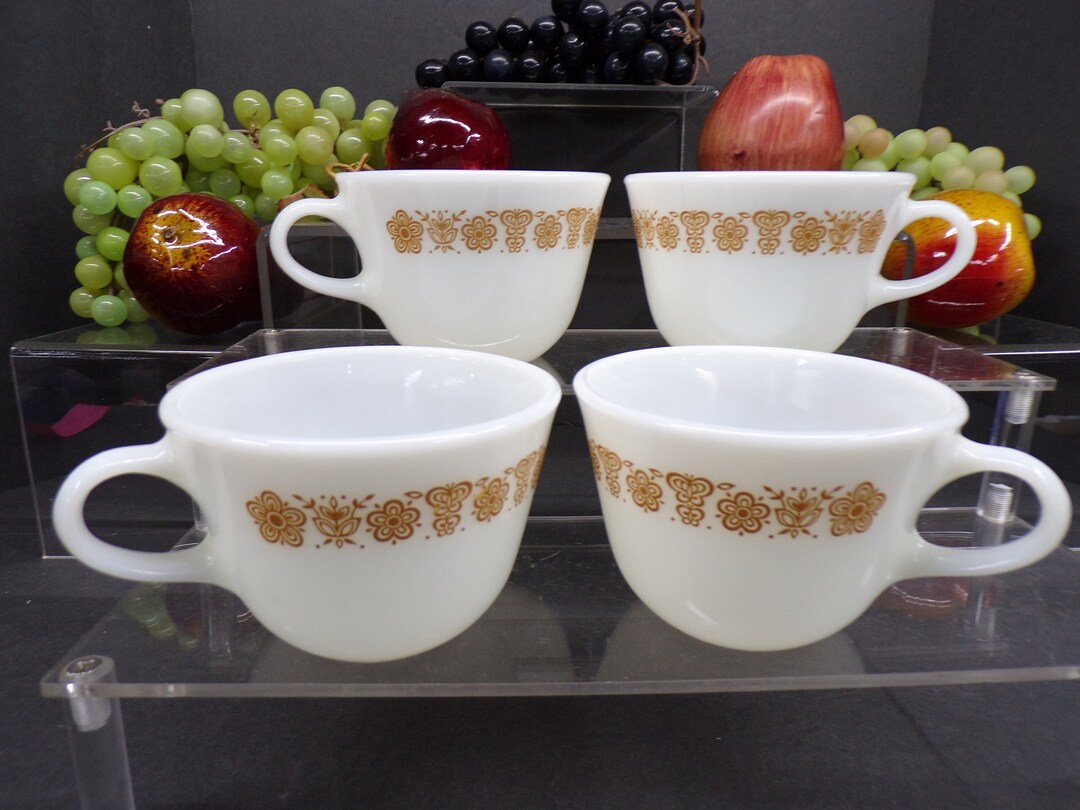 2302 Pyrex Butterfly Gold Floral Milk Glass Coffee Cups / Mugs Vintage ...