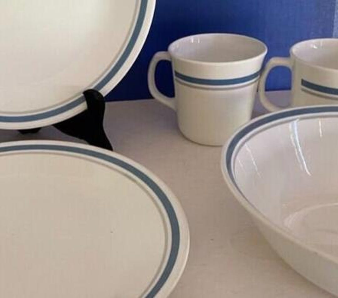 2403 Corelle Indigo Blue & Gray Band on White Great Condition Choose ...