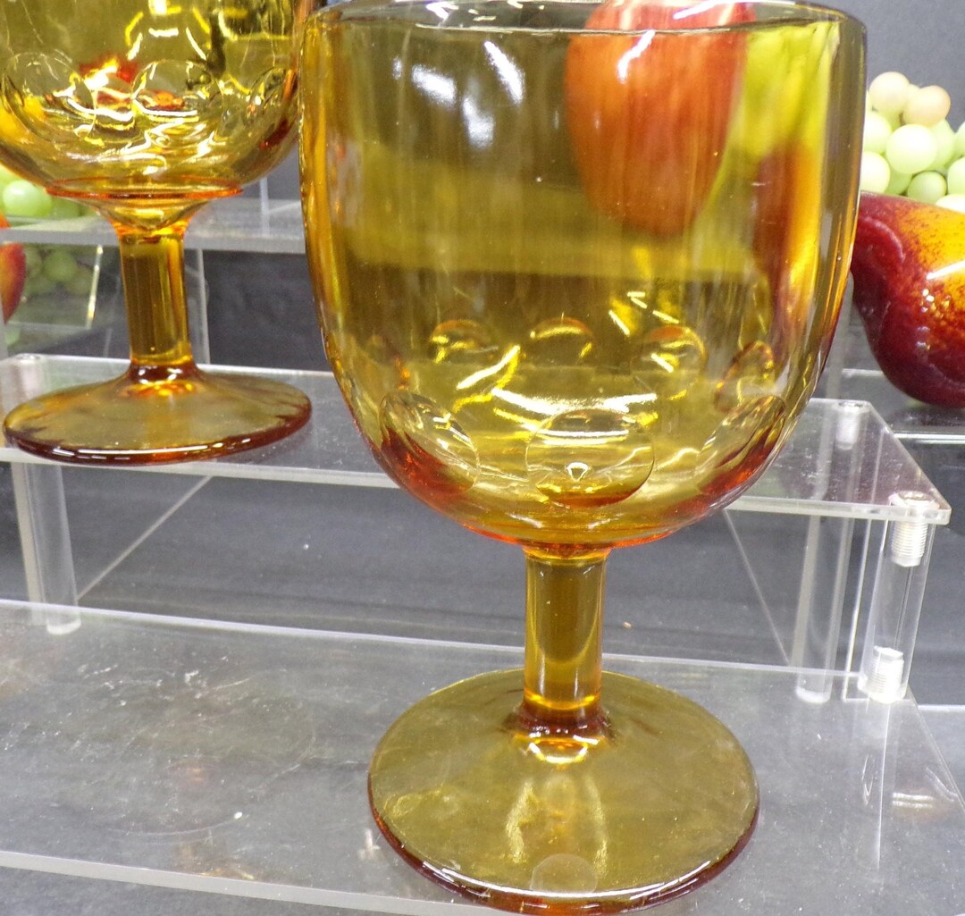 2303 Bartlett Collins Glass Amber Stemmed Footed Thumbprint Glasses 6. ...
