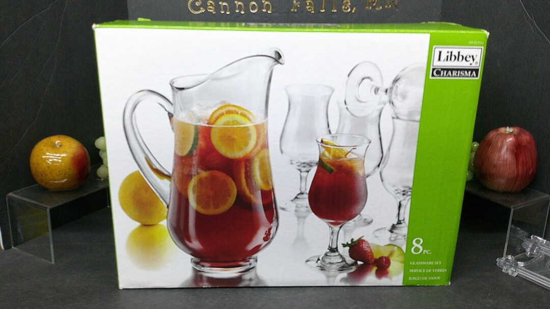 2312 Libbey Glass "charisma" 8 Pc Drink Set - 11" Pitcher, (6) 10.5 Oz Goblets & Recipe Card ...