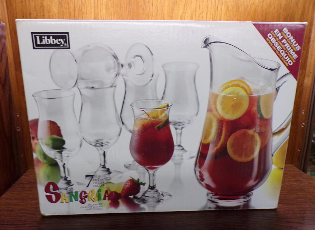 2503 Libbey Glass "sangria" 7 Pc Drink Set - 11" 76 Oz Pitcher and (6) 7" 10.5 Oz Footed Glasses ...