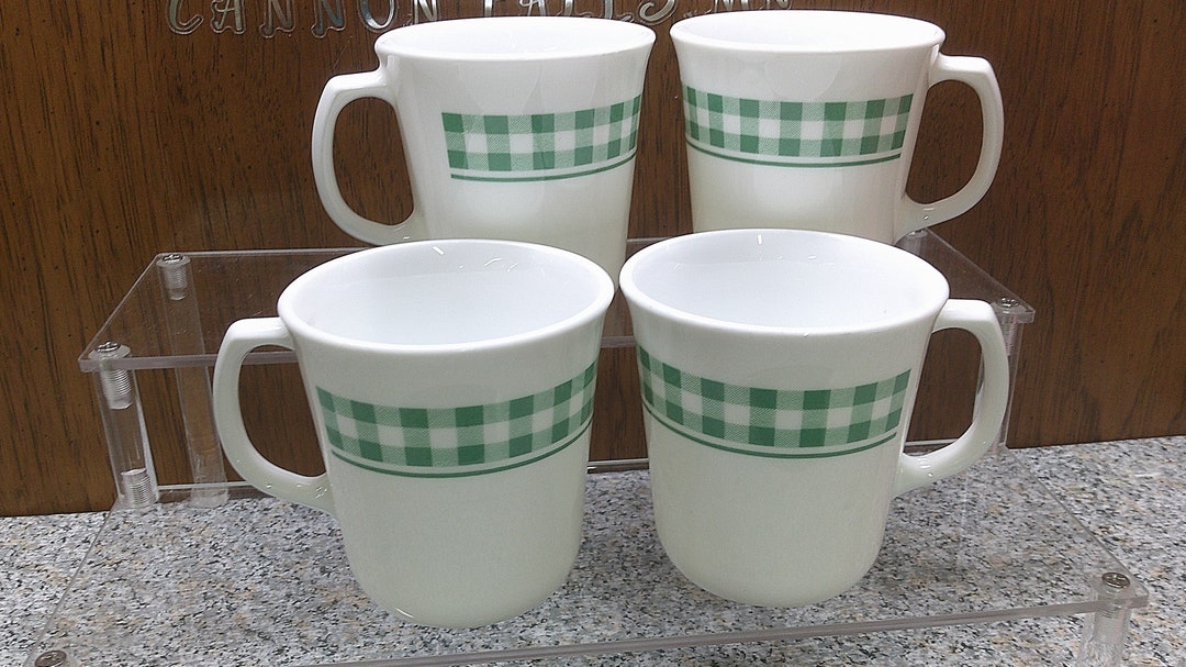 2405 Corelle Gingham Green Checked Print 3.5" Coffee Mugs/ Cups Set of ...