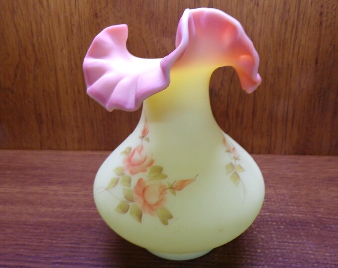 2501 Fenton Glass 7" Vintage Burmese Pink Ruffle Top Vase Pink Roses on ...