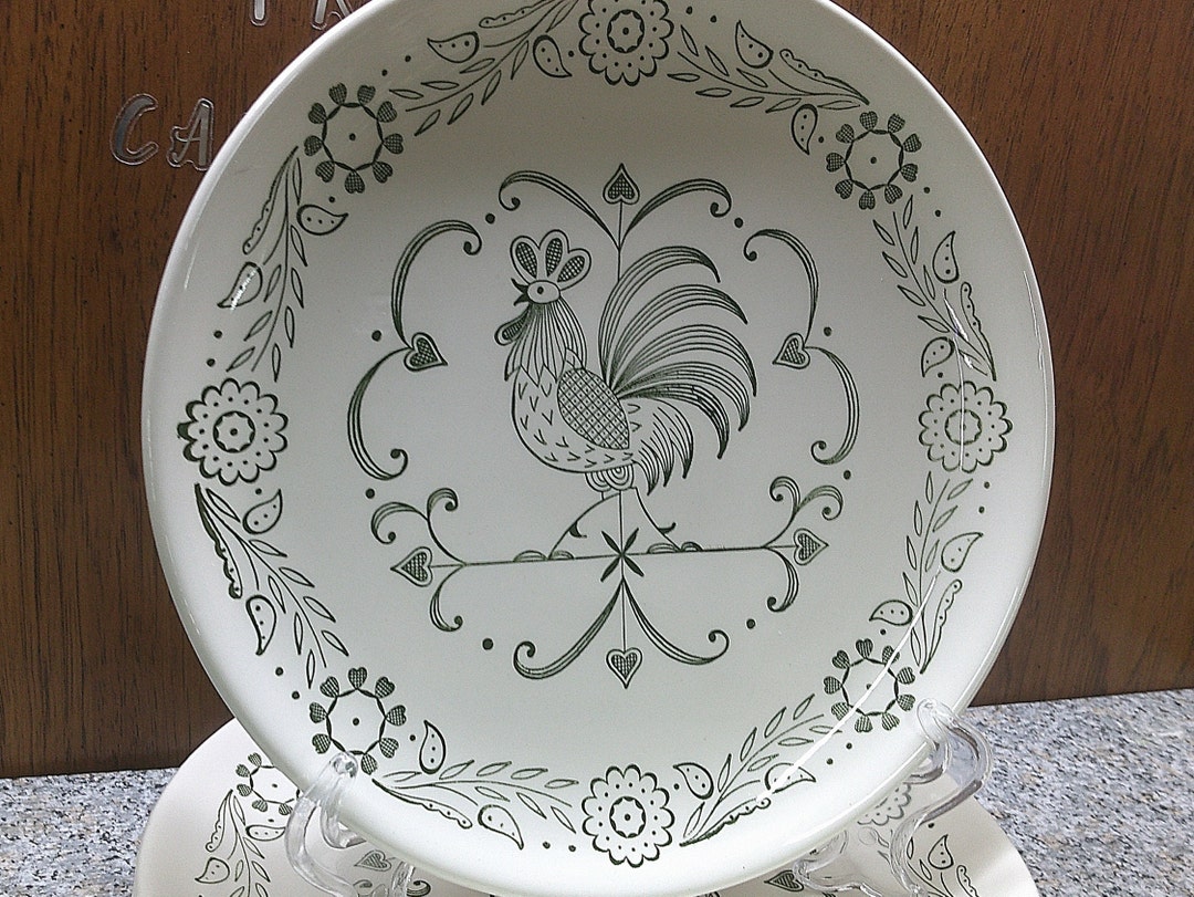 Scio Provincial Pottery Green Rooster Weathervane 9 Dinner Plates Set ...