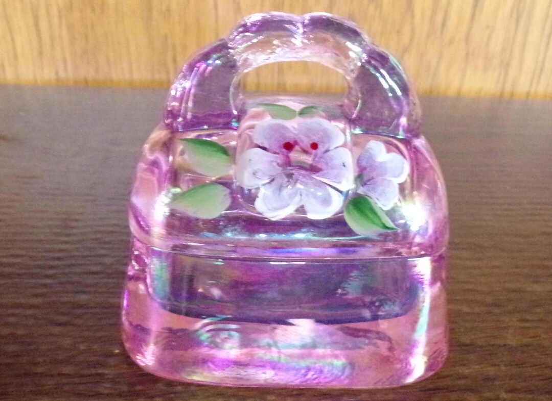 2501 Fenton Iridescent Pink Glass Purse / Hand-bag Trinket Box Hand ...