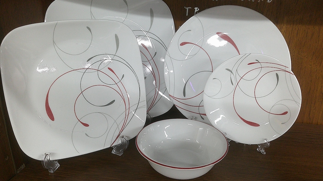 2411 Corelle Vitrelle Splendor - Red Gray Swirls Dinnerware - Good ...