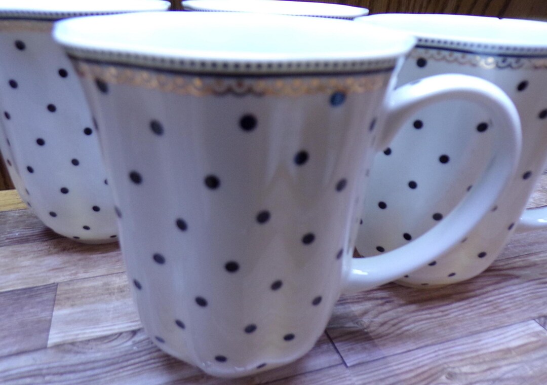 2509 Graces Teaware Josephine 4.25" 12 Oz Black Polka Dot Mugs Cups W ...