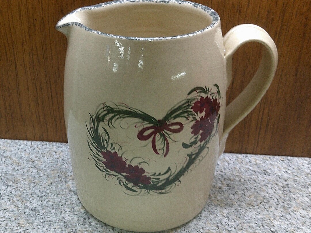 2408 Casey Pottery Burgandy Floral Heart Wreath 8" Pitcher Hand Made ...