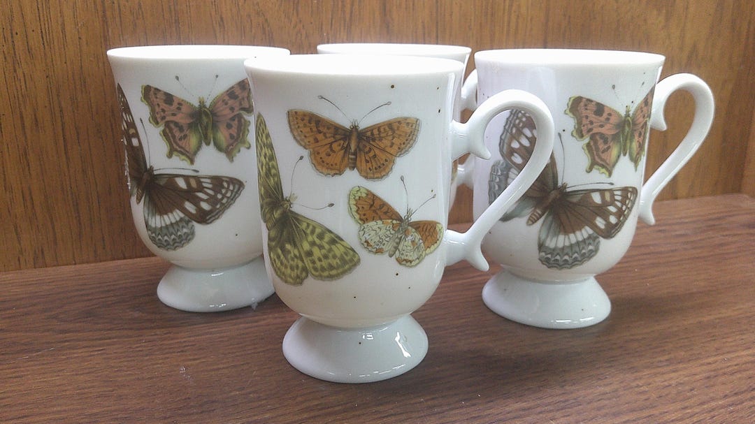 2411 Ceramic Footed Coffee Mugs 4.5 8 Oz Set of 4 Vintage Butterfly ...