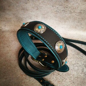 Turquoise Decor Leather Dog Collar and Leash Set, Black Turquoise ...