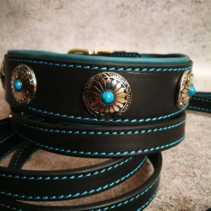 Turquoise Decor Leather Dog Collar and Leash Set, Black Turquoise ...