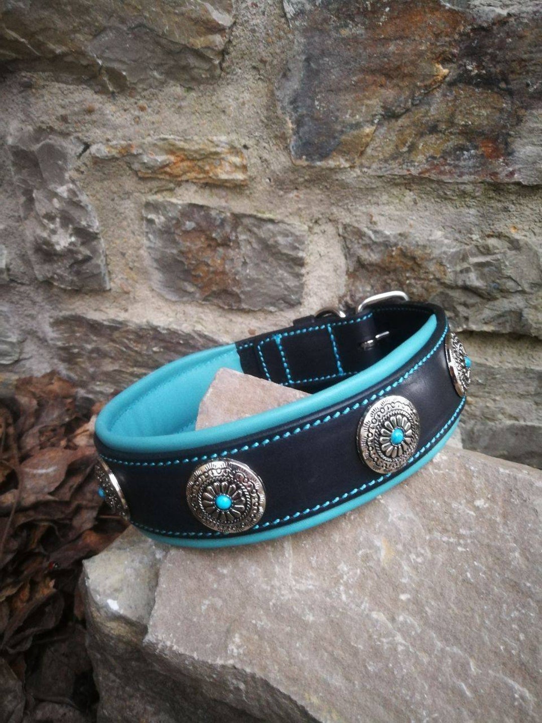 Turquoise Dog Collar Leather Turquoise Stone Dog Collar Leather Dog ...