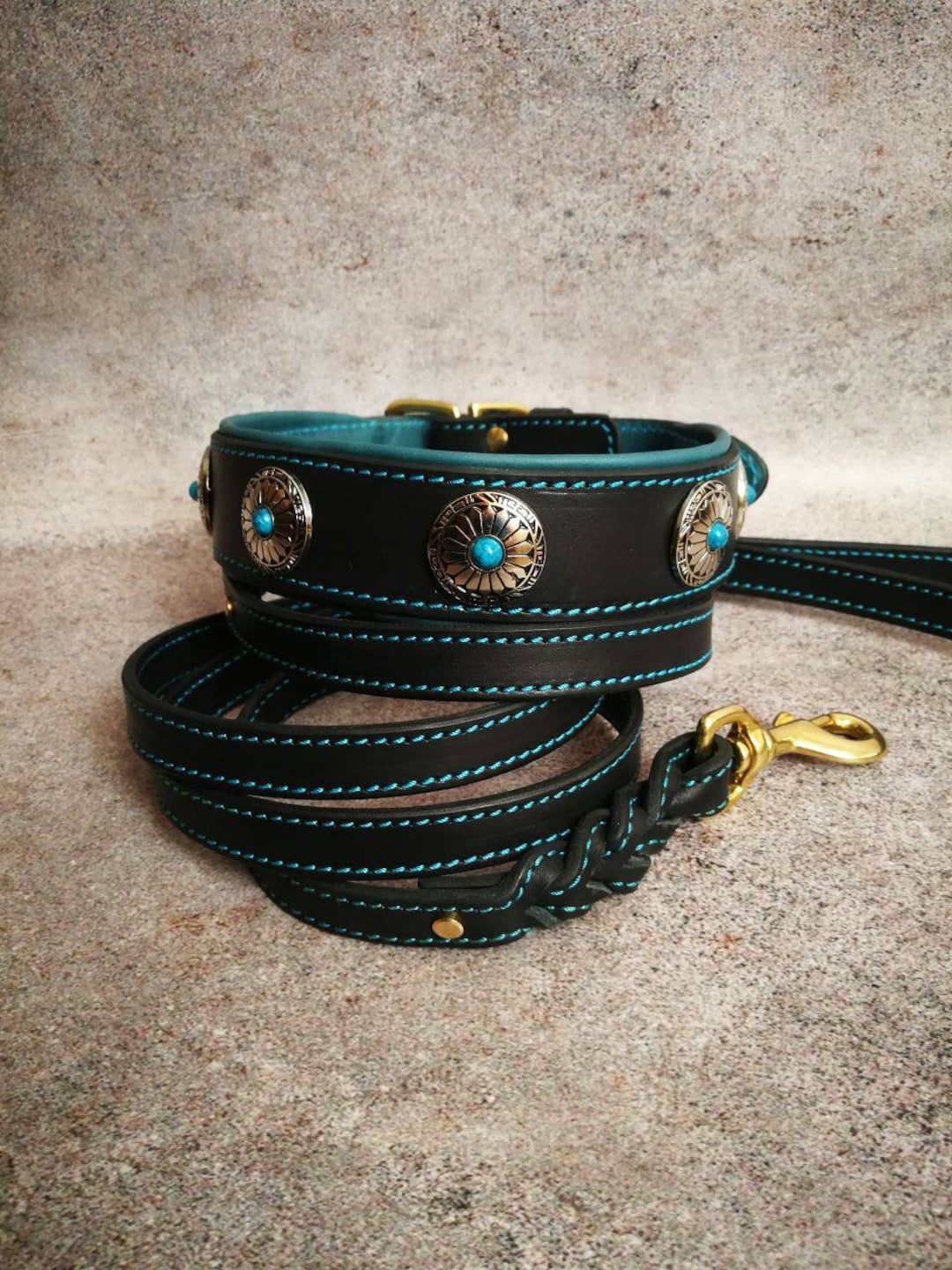 Turquoise Decor Leather Dog Collar and Leash Set, Black Turquoise ...