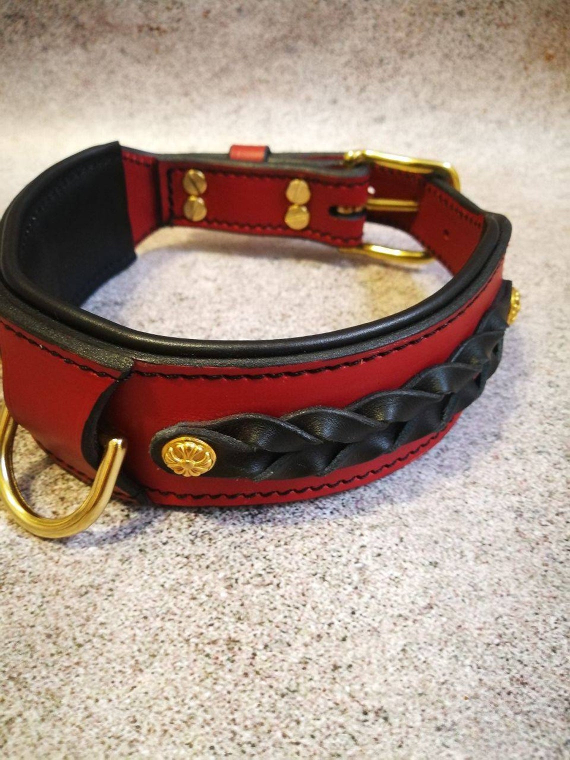 Red Leather Dog Collar, Red Leather Braided Dog Collar, Brass Hardware ...