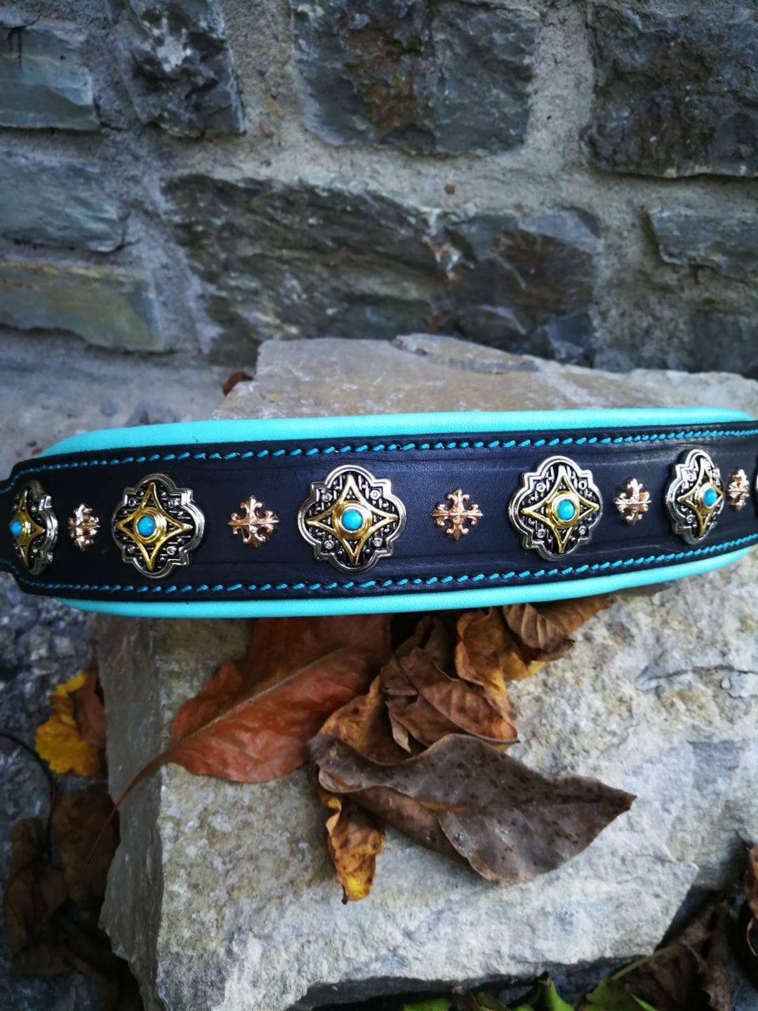 Luxury Padded Leather Dog Collar, Blue Leather Dog Collar With Gold ...